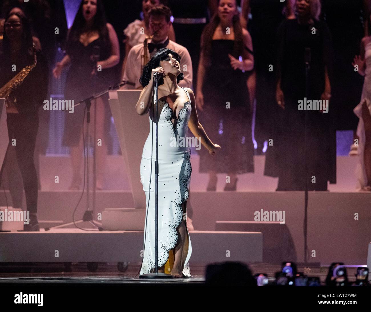 RAYE performing live at the 2024 BRIT awards ceremony, O2 Arena, London ...