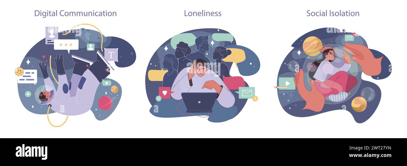 Loneliness set. Unhappy person, astronaut left alone in space ...