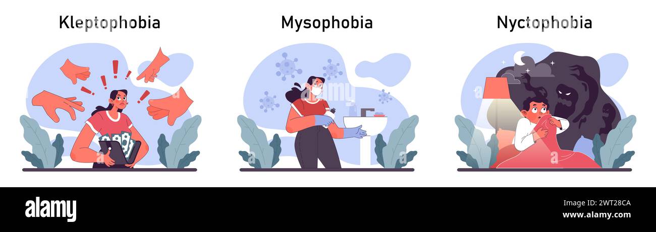 Phobia set. Human's irrational inner fears and panic. Mental disorder ...