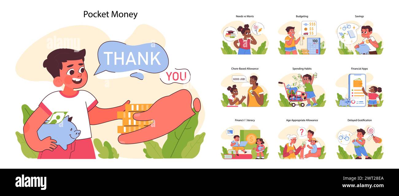 Pocket money set. Kids learning financial skills, from savings to ...