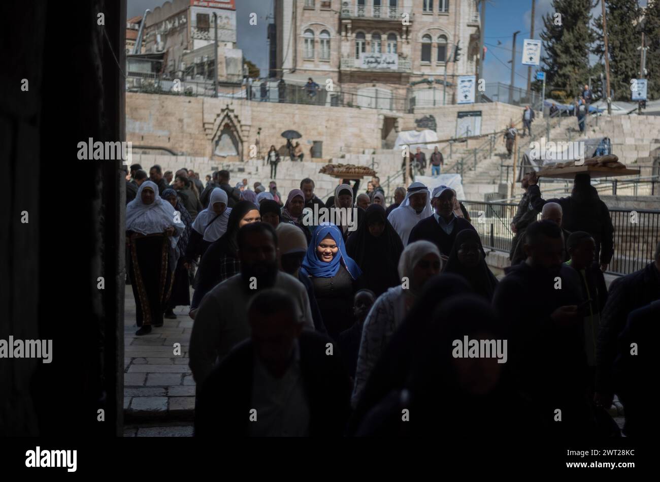 Jerusalem, Israel. 15th Mar, 2024. Muslim worshippers arrive to perform ...
