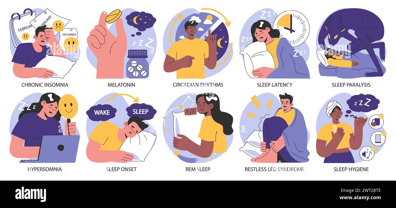 Insomnia set. Diverse characters suffering from sleep deprivation ...