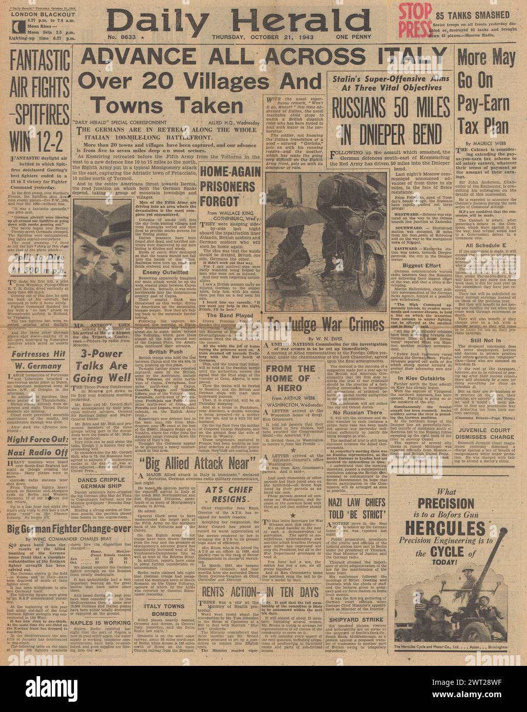 1943 Daily Herald front page reporting Allies advance on Rome and Red ...