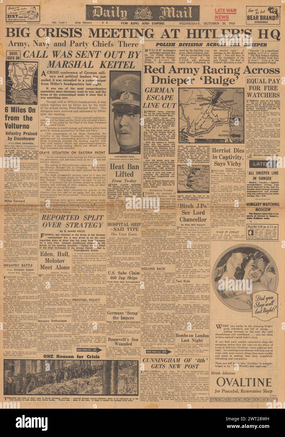 1943 Daily Mail front page reporting Crisis meeting at Hitler HQ ...