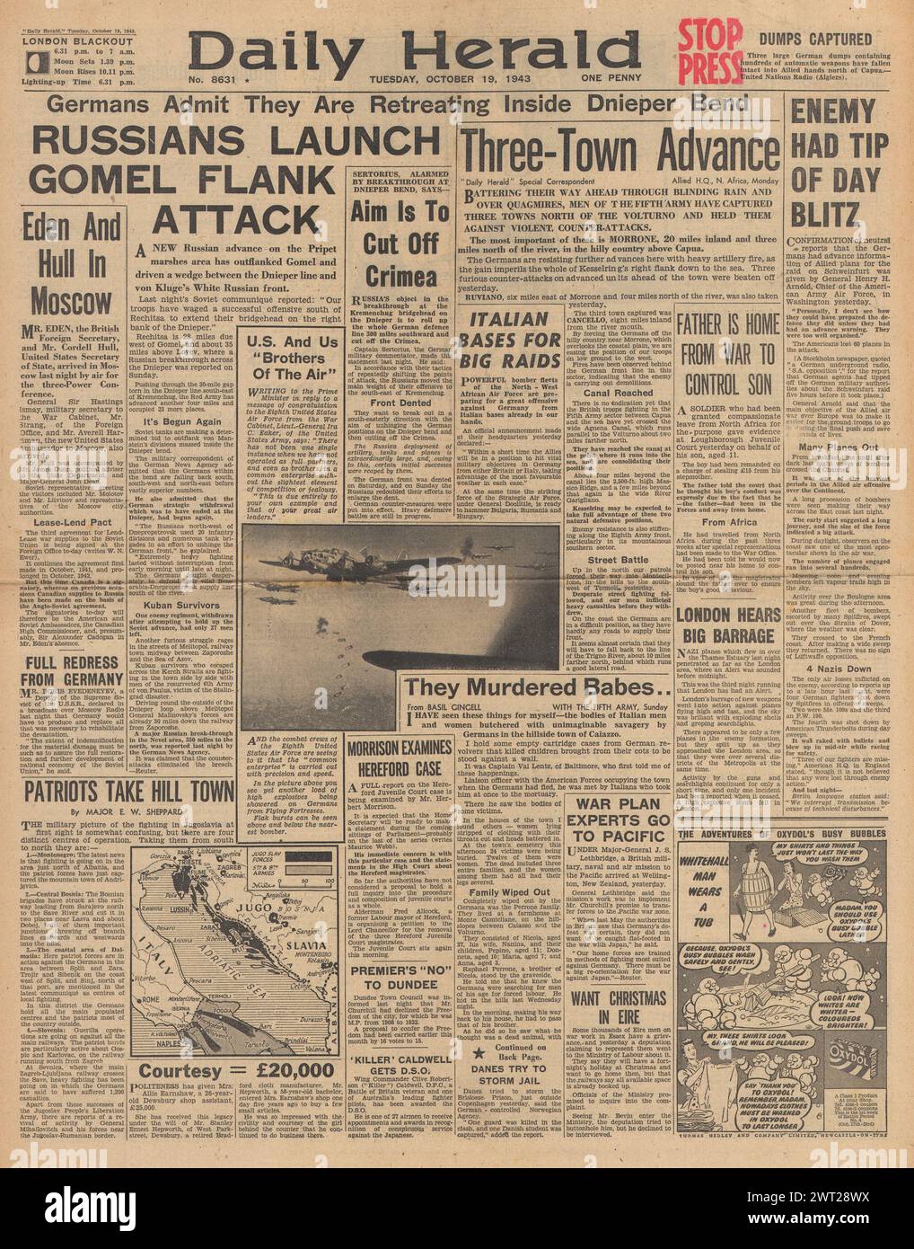 1943 Daily Herald front page reporting Allies advance on Rome and Red ...