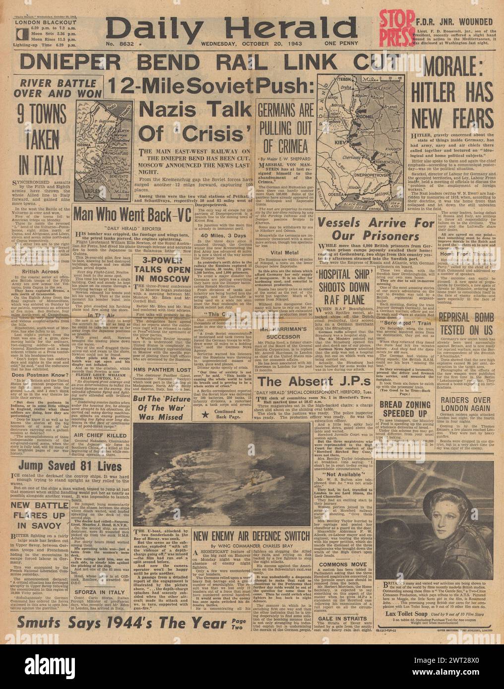 1943 Daily Herald front page reporting Allies advance on Rome, Red Army ...