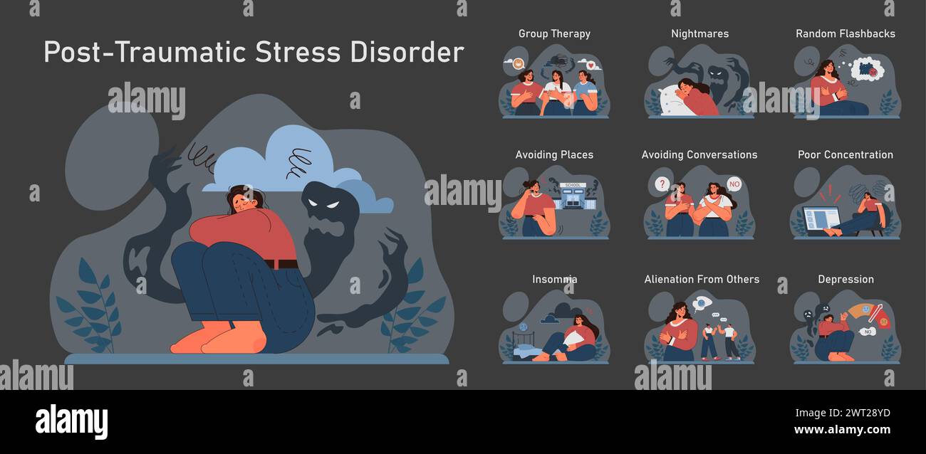 Post traumatic stress disorder dark or night mode set. Female character ...