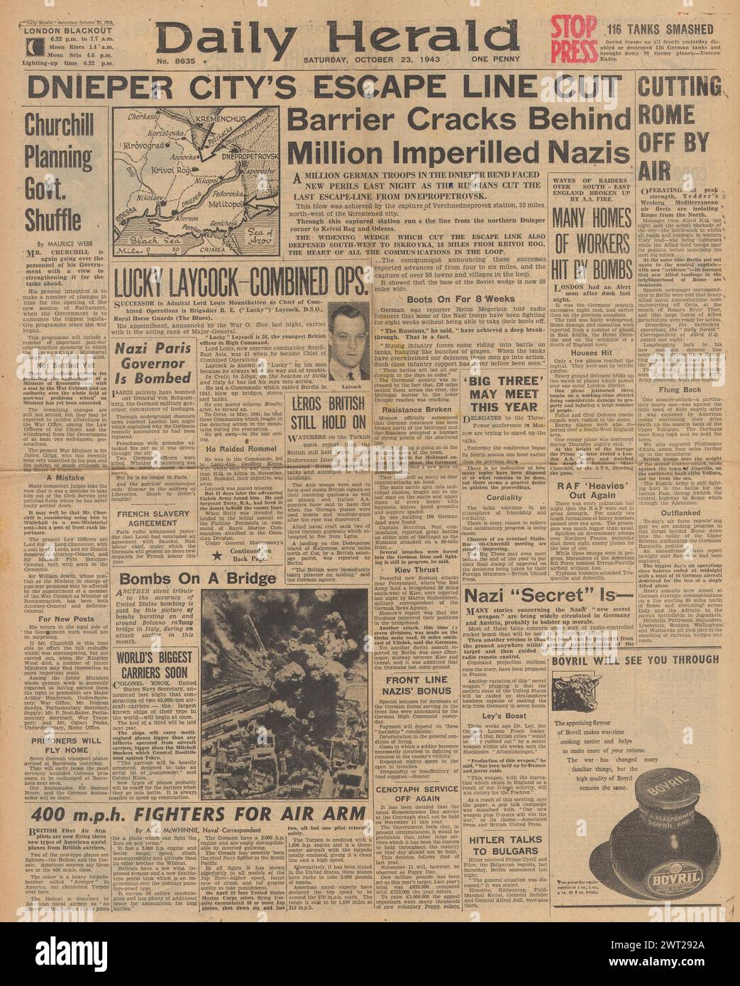 1943 Daily Herald front page reporting Allies advance on Rome and Red ...