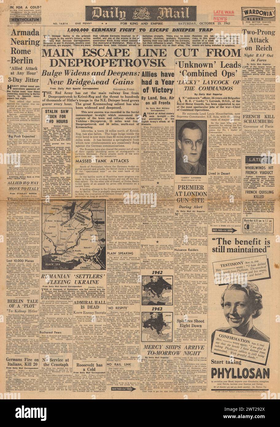1943 Daily Mail front page reporting Allies advance on Rome and Red ...