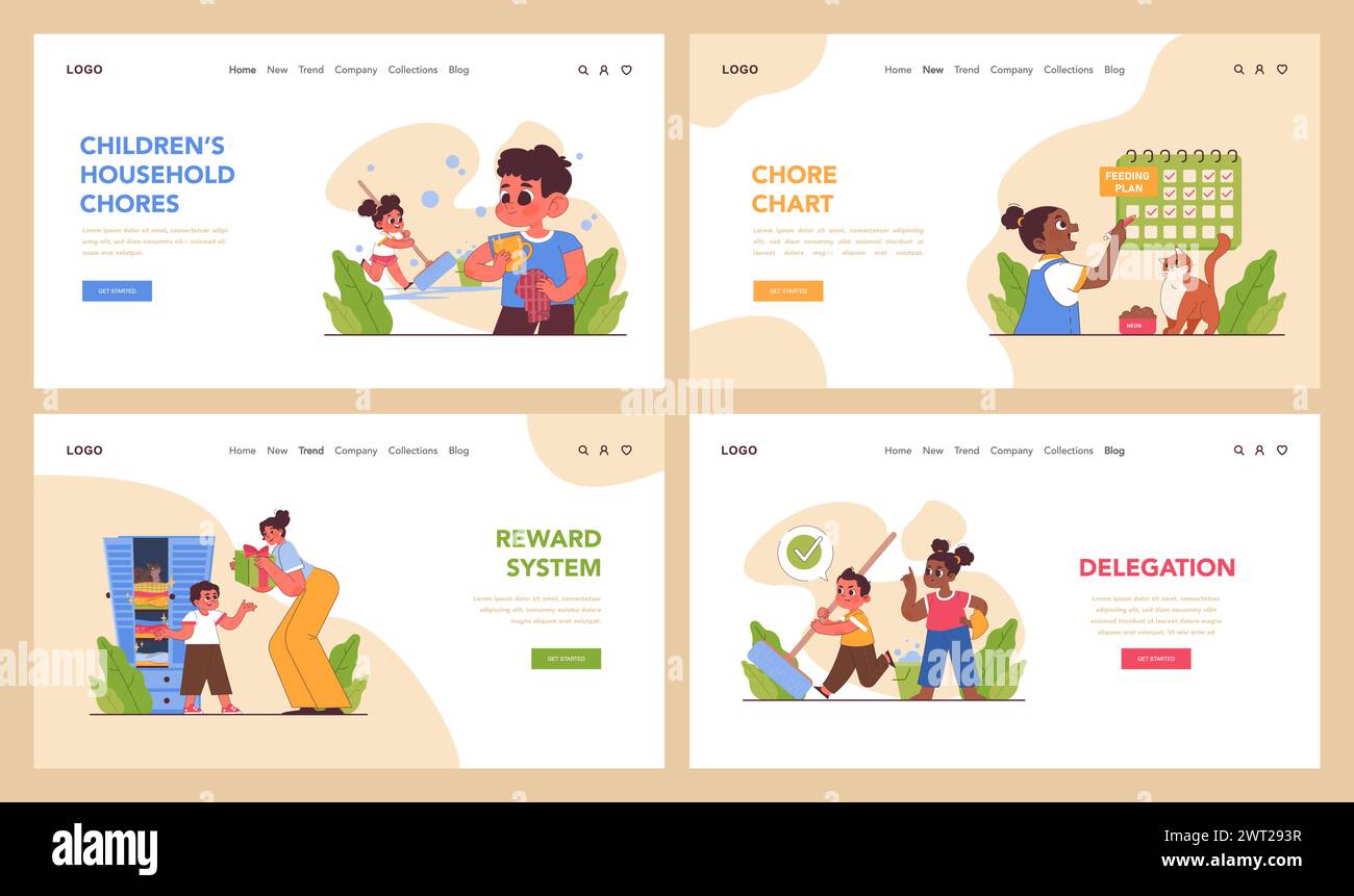 Child doing household chores web banner or landing page set. Formation ...