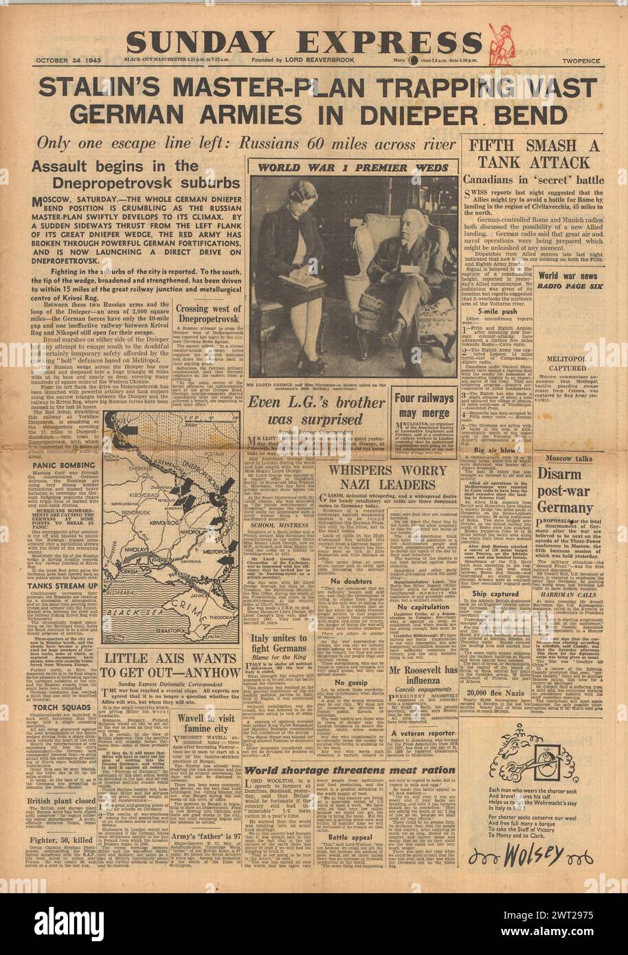 1943 Sunday Express front page reporting Red Army captures Melitopol ...