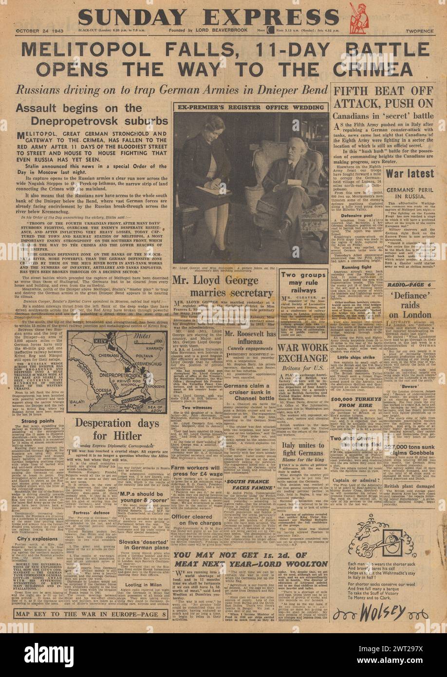 1943 Sunday Express front page reporting Red Army captures Melitopol ...