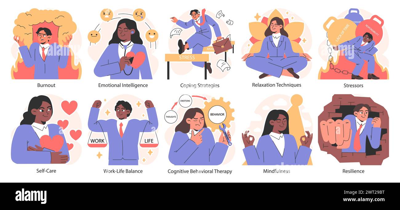 Stress management set. Diverse office characters professional burnout ...