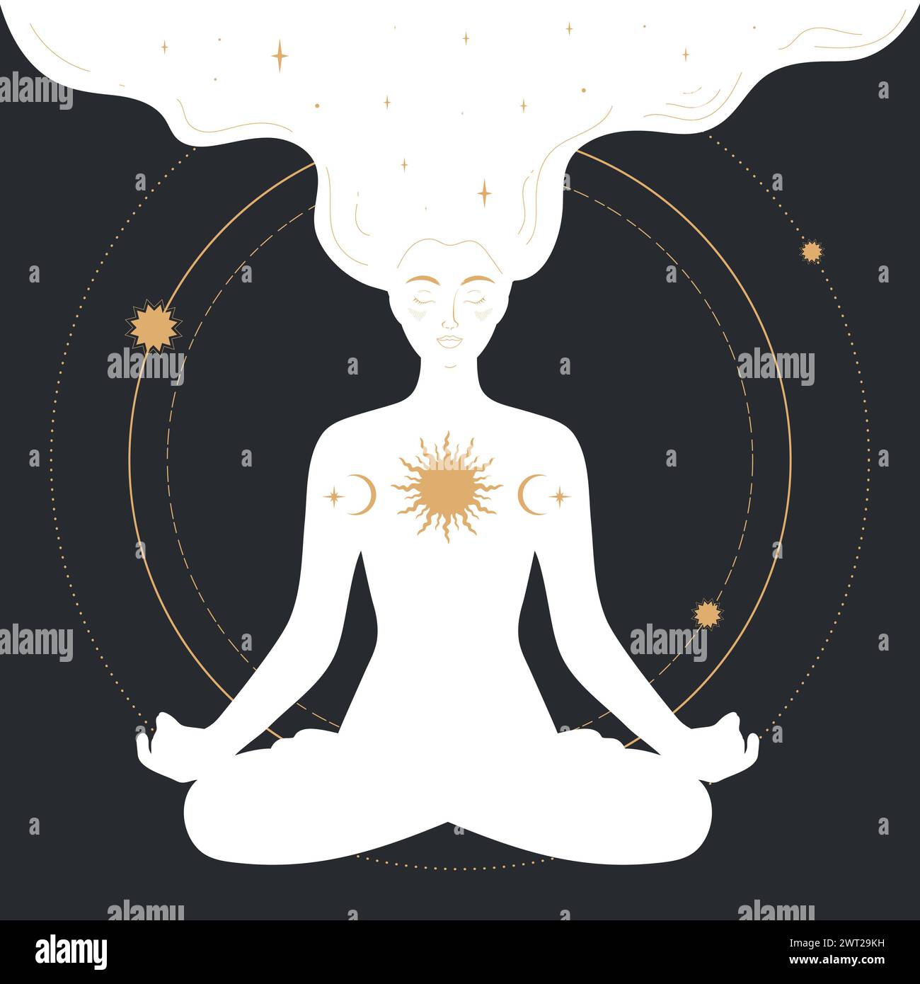 Woman sitting in lotus pose and meditating in golden circle. Celestial ...