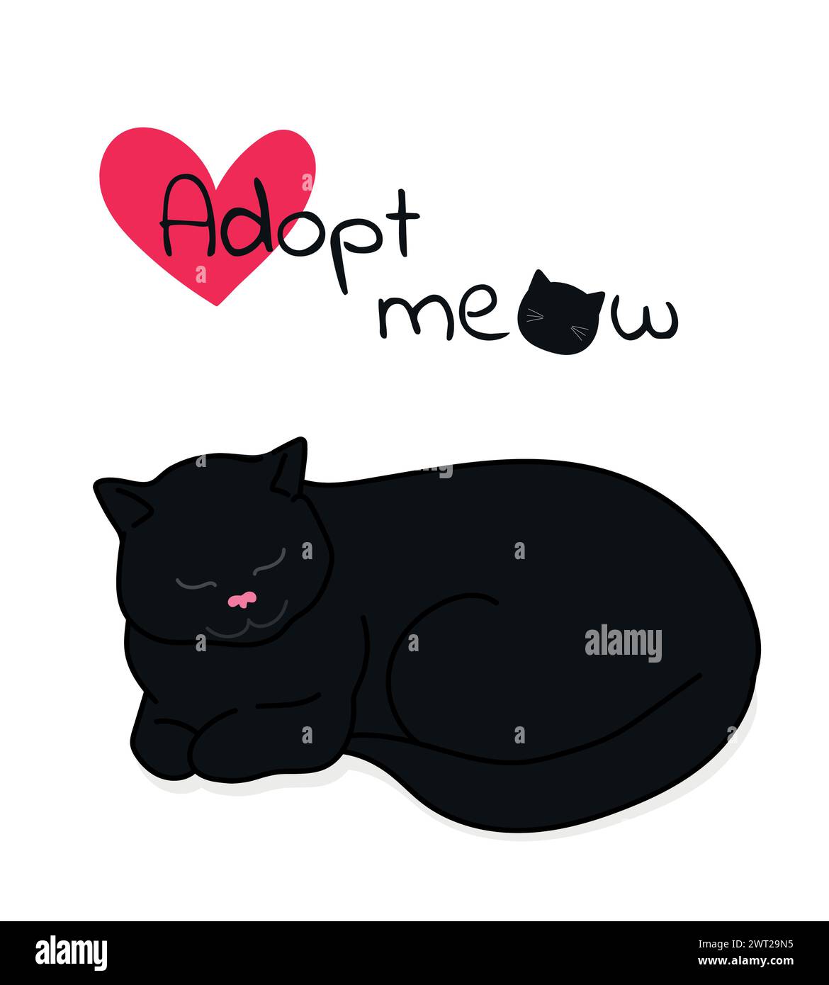 Adopt meow slogan with hand drawn lying black cat. Adopt a pet concept ...