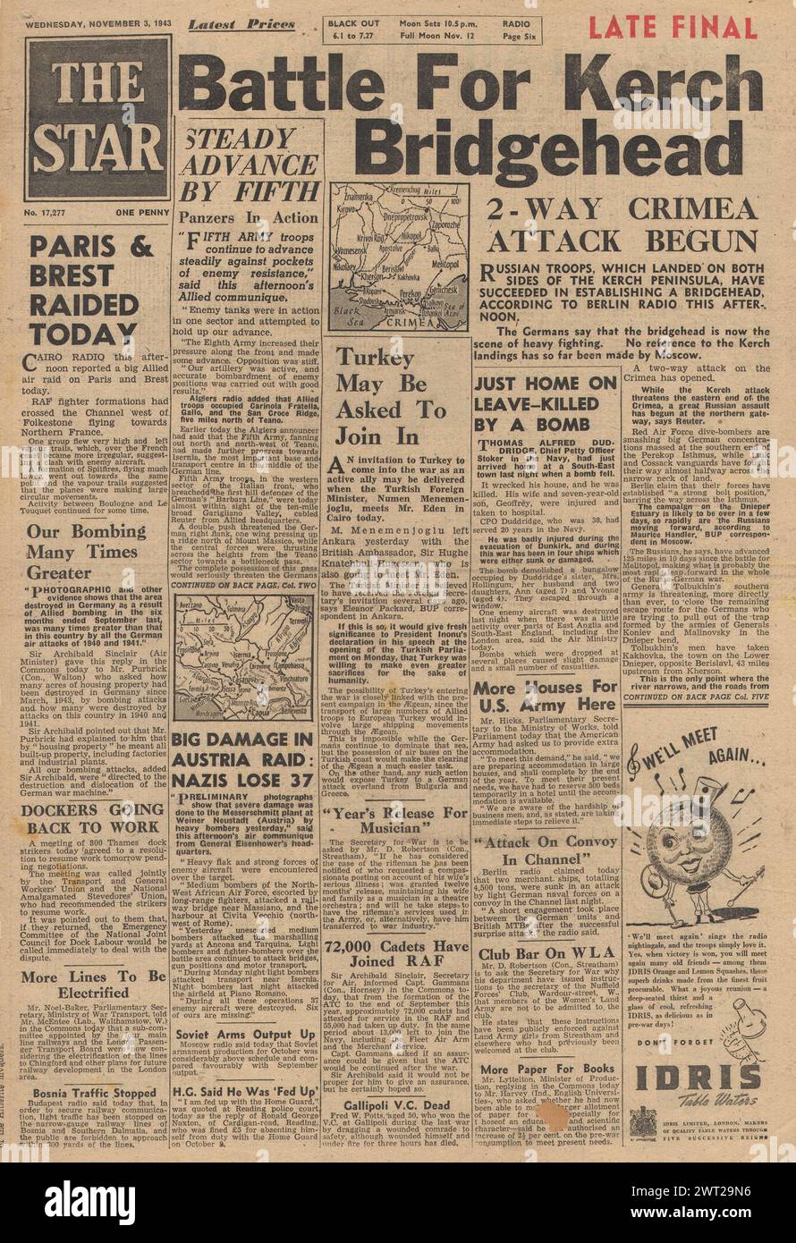 1943 The Star front page reporting RAF bomb Berlin, Battle for Kerch ...