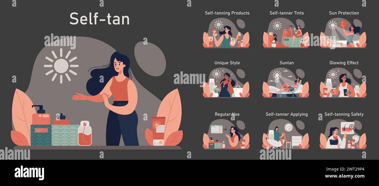 Self-tan dark or night mode set. Beautiful woman applying self-tanner ...