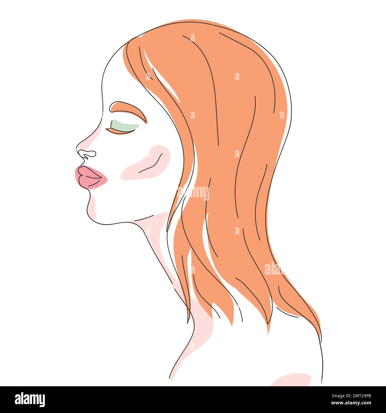 Hand drawn woman portrait outline. Profile of a young redhead female ...