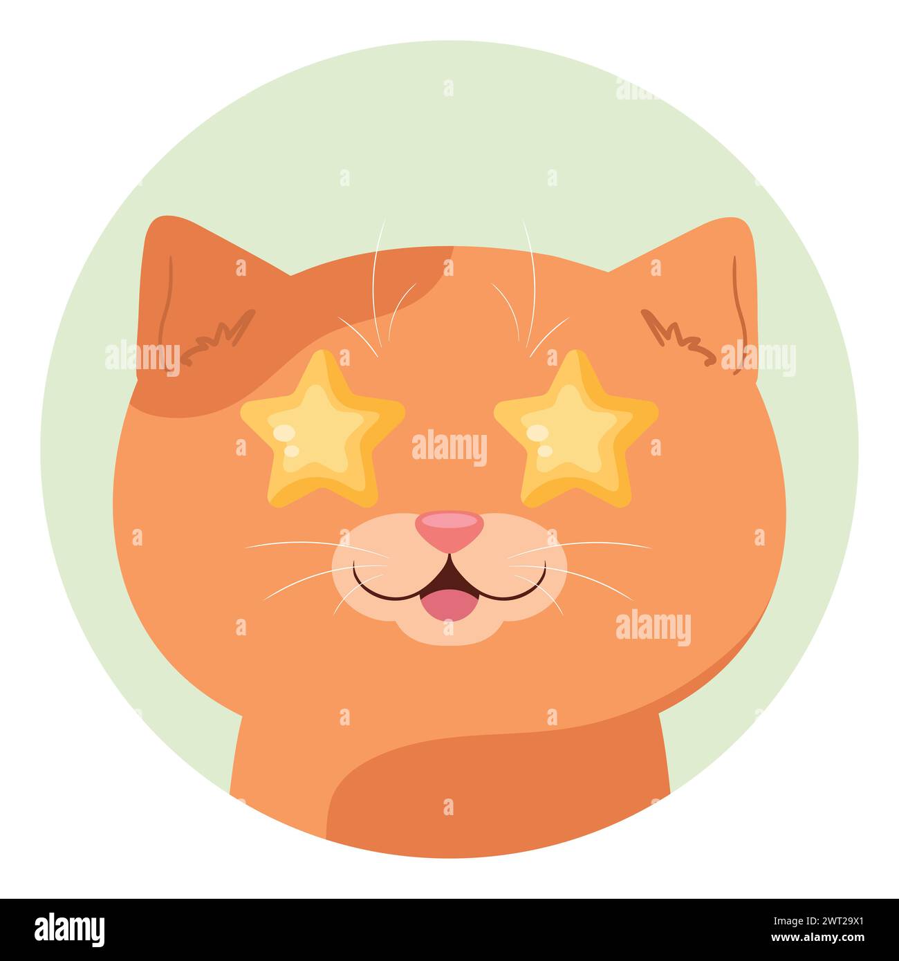 Cartoon red tabby cat with stars in his eyes. The cat is delighted and ...