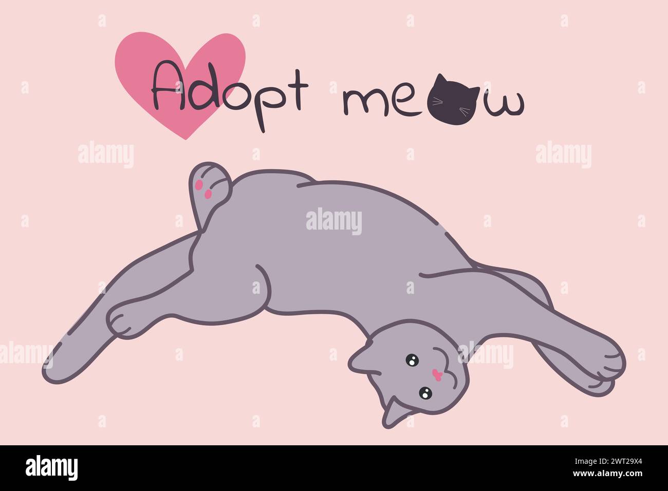 Adopt meow slogan with hand drawn cute posing cat. Adopt a pet concept ...