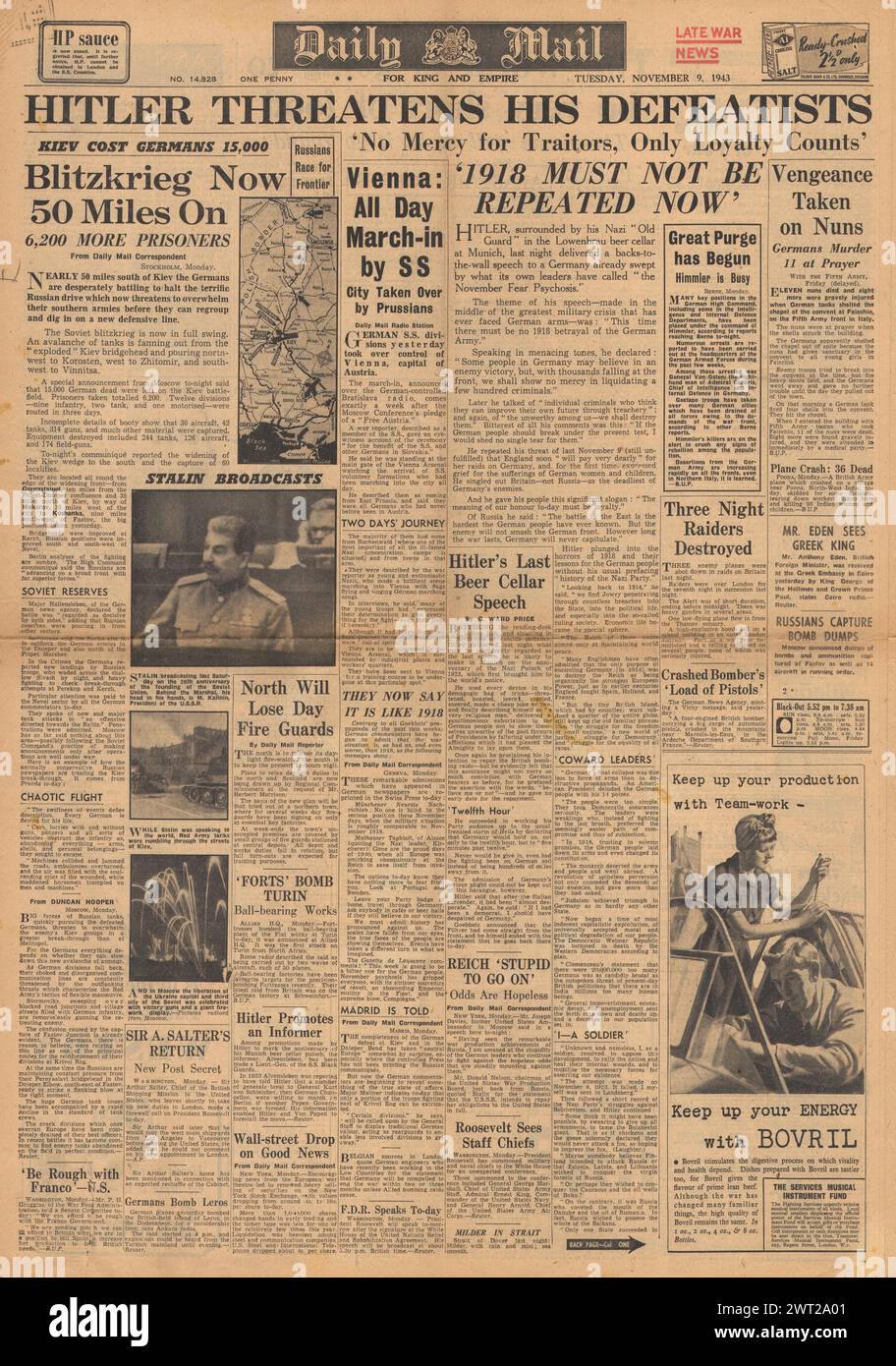 1943 Daily Mail front page reporting Red Army capture Kiev, bombing of ...