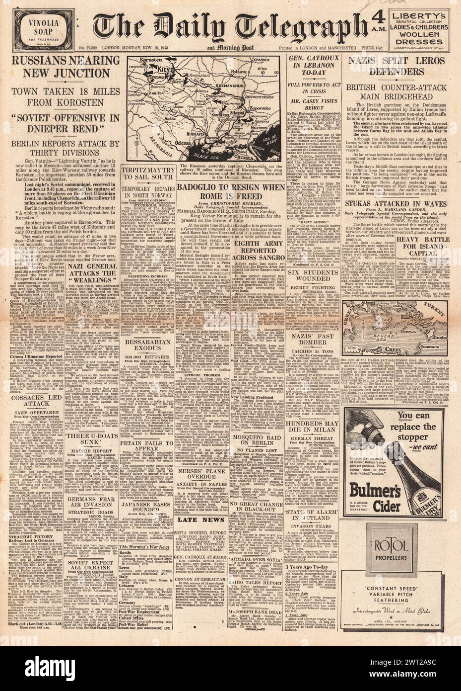 1943 The Daily Telegraph front page reporting Red Army advance on ...