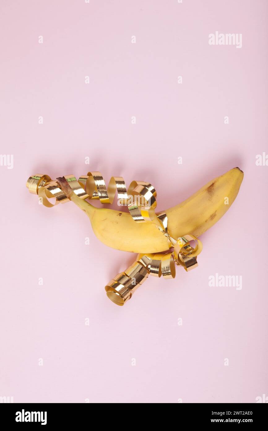 a ripe banana wrapped in a golden curled ribbon as if it were a gift ...