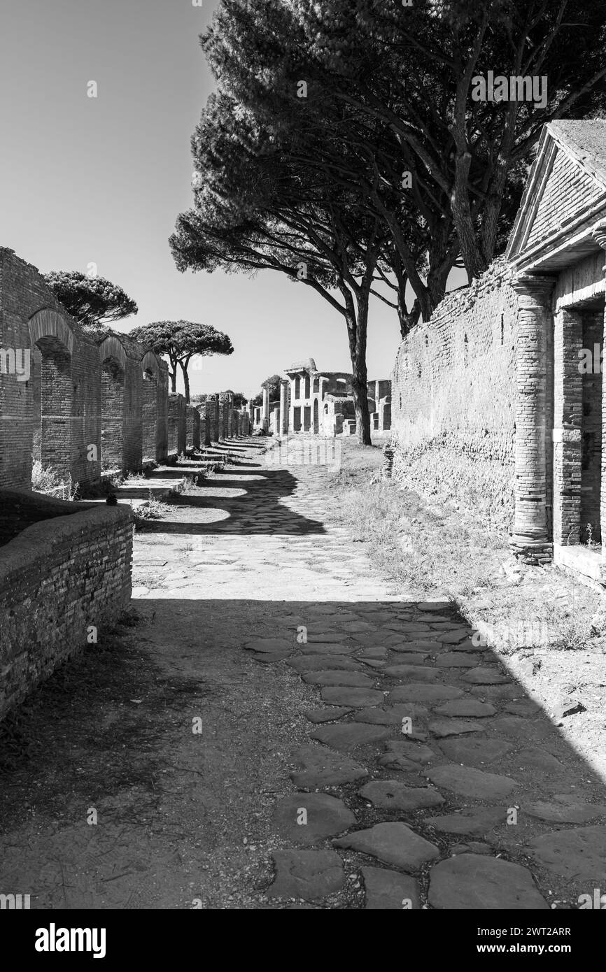 Black and white photo of street ruins at archaeological park in Ancient ...