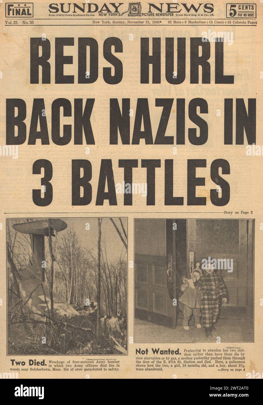 1943 Sunday News front page reporting Heavy fighting on Eastern Front ...