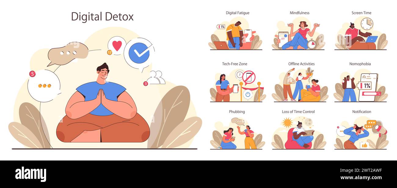 Digital detox set. Characters practicing mindfulness, reducing screen ...