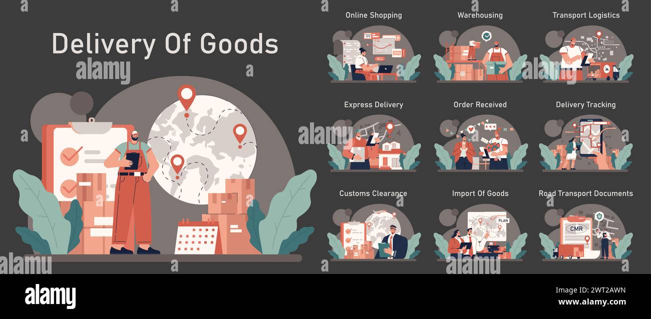 Delivery of goods dark or night mode set. Warehousing, logistics and ...