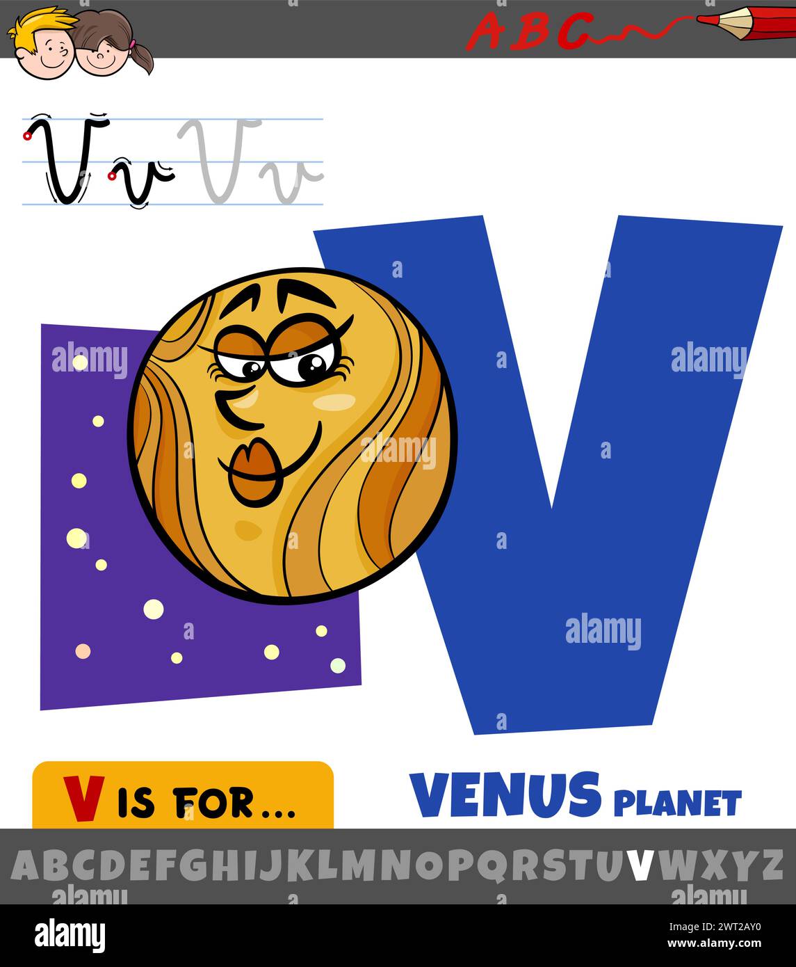 Educational cartoon illustration of letter V from alphabet with venus ...