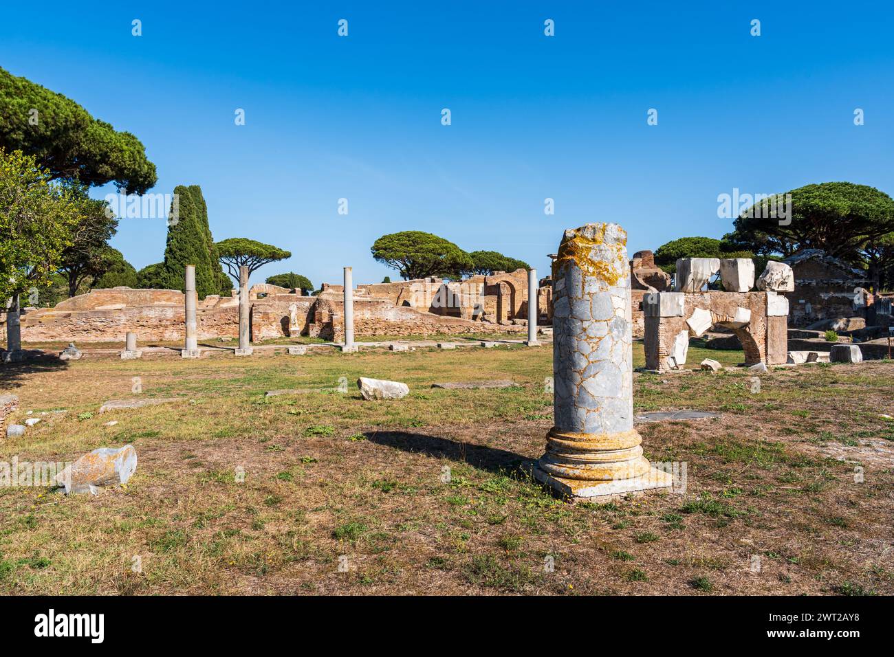 Roman columns in ruins at archaeological site in Ancient Ostia Stock ...