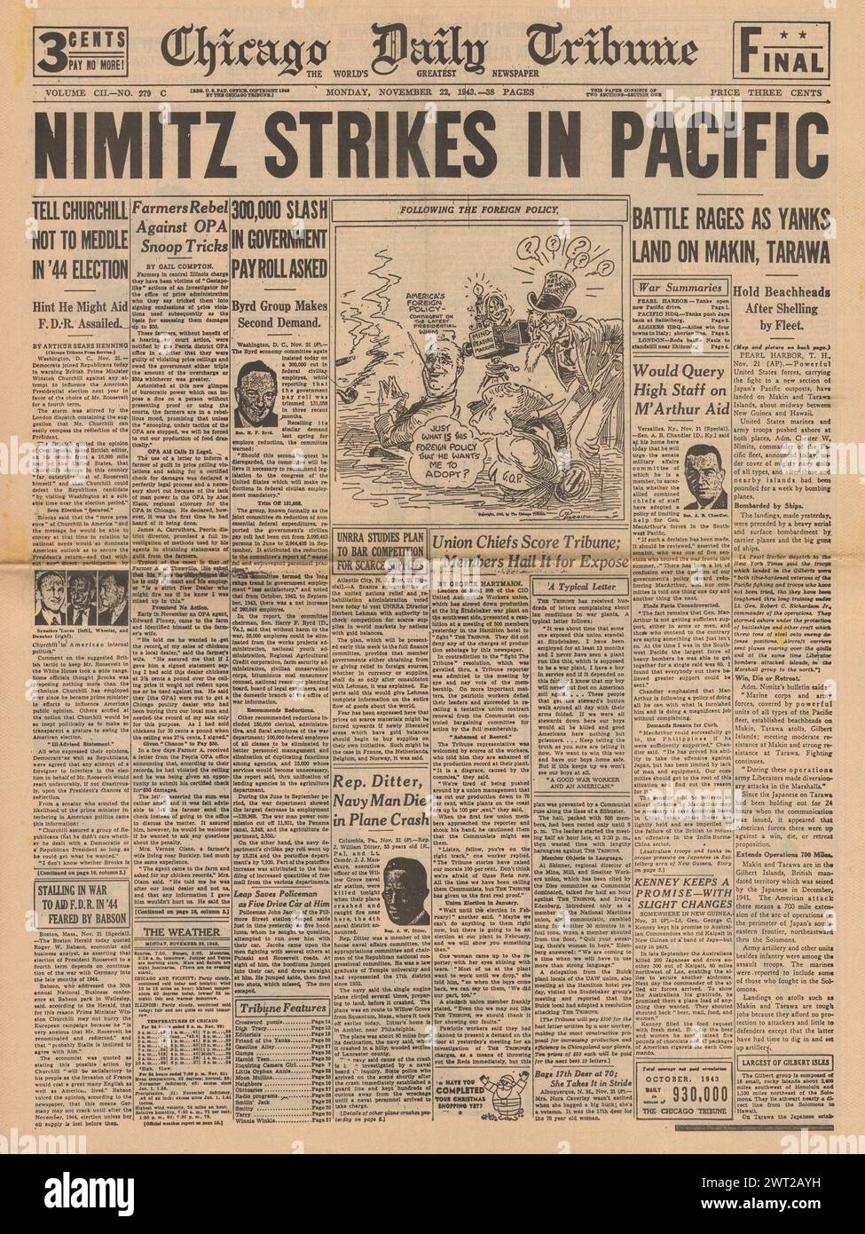 1943 Chicago Daily Tribune front page reporting US Forces on Gilbert ...