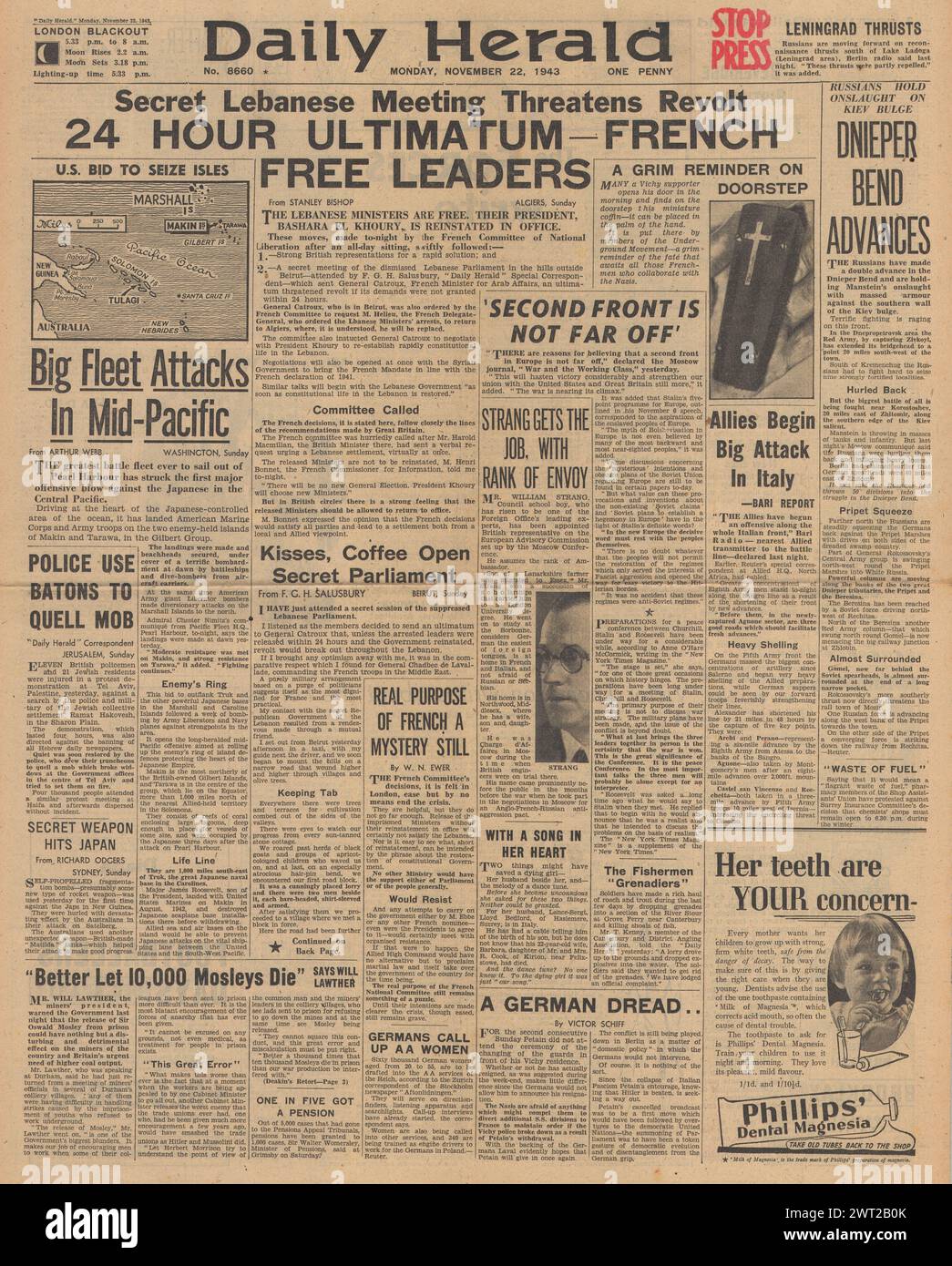 1943 Daily Herald front page reporting Crisis in Lebanon over, German ...