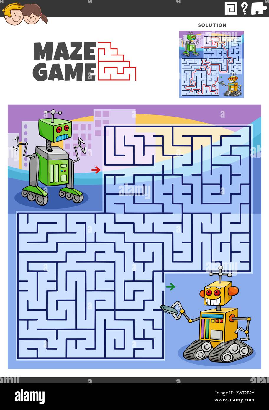 Cartoon illustration of educational maze puzzle activity with funny ...