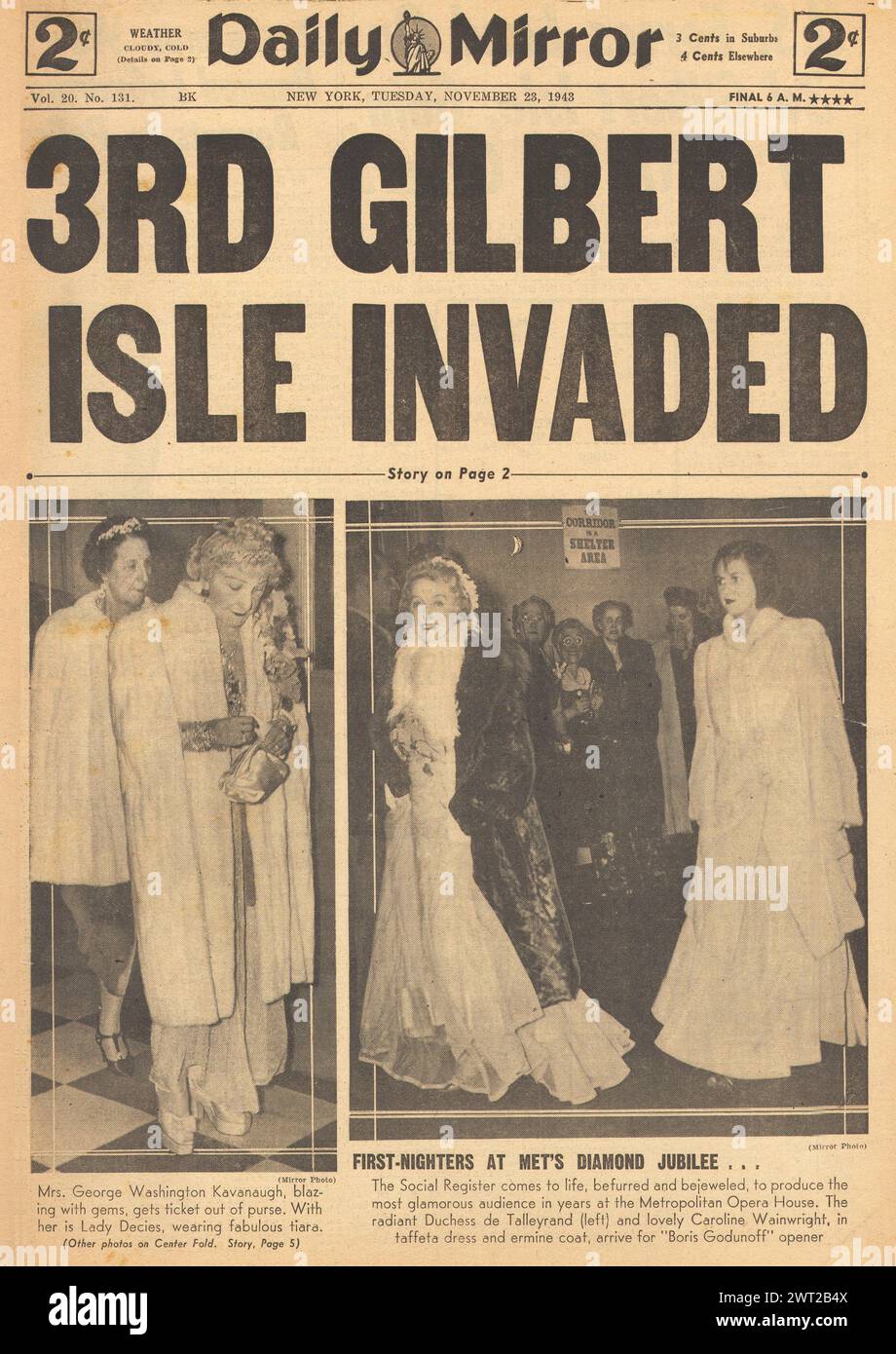 1943 Daily Mirror front page reporting US forces invade Gilbert Islands ...