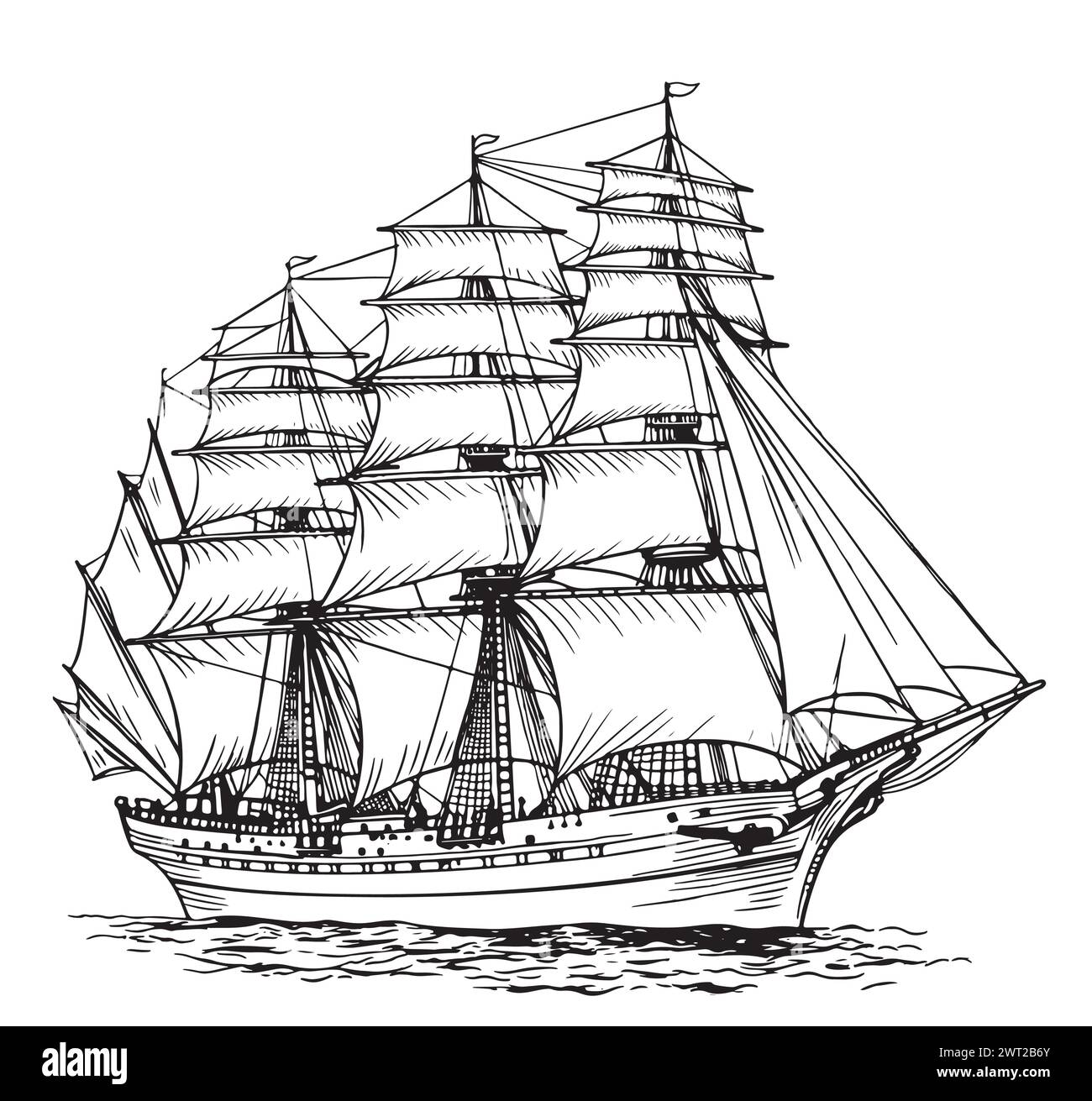 Pirate ship sailboat retro sketch hand drawn engraving style Vector ...