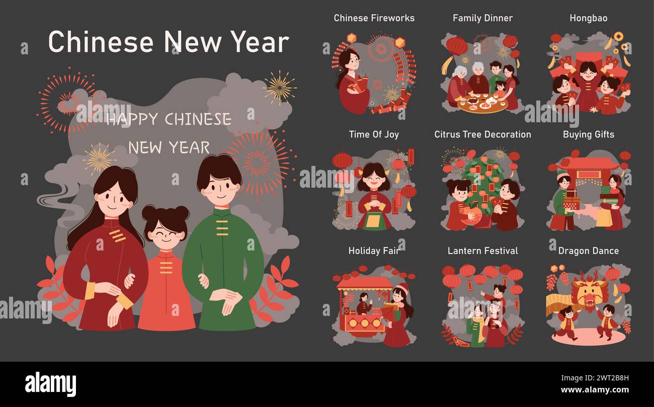 Chinese New Year tradition dark or night mode set. Cheerful asian ...