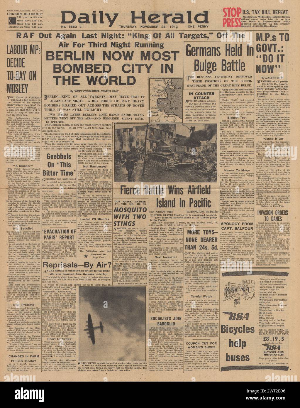 1943 Daily Herald front page reporting RAF bomb Berlin, Red Army ...
