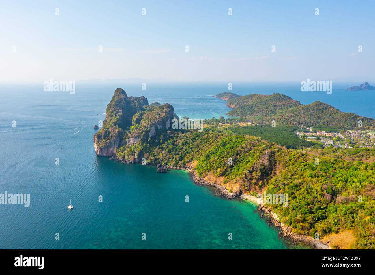 Tropical islands rocks dense jungle nature, blue lagoon and bay with ...