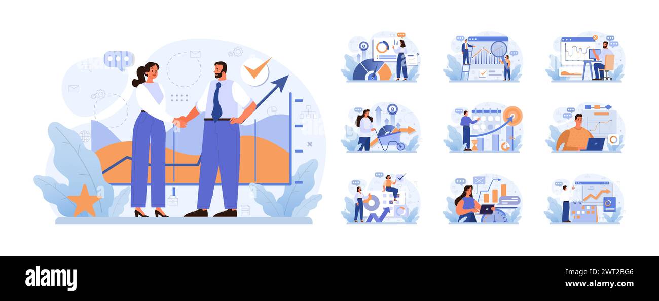 Business processes optimization set. Productive employee analyzing ...