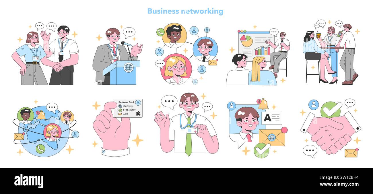 Business networking set. Professionals connect and share insights ...