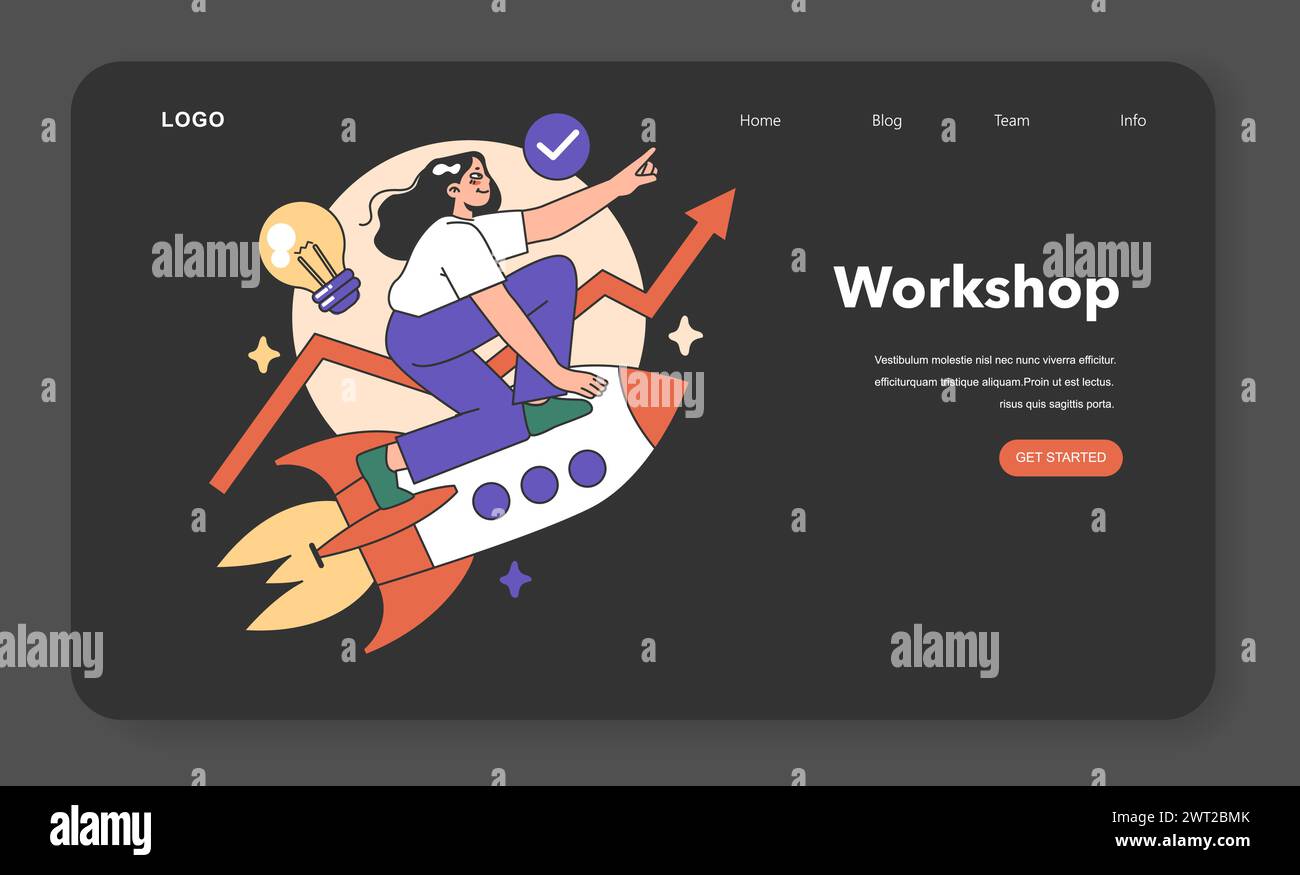 Training workshop web banner or landing page night or dark mode. Interactive training process ...
