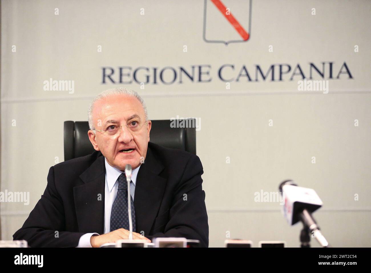 The President of the Campania Region, Vincenzo De Luca, during a press ...