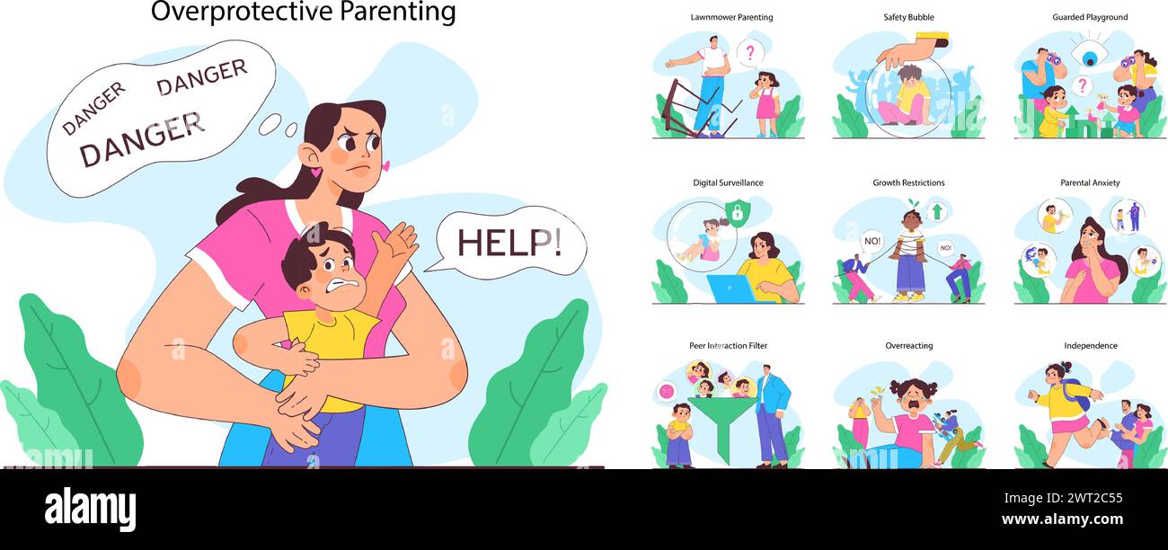 Overprotective parenting set. Children and parents in various ...