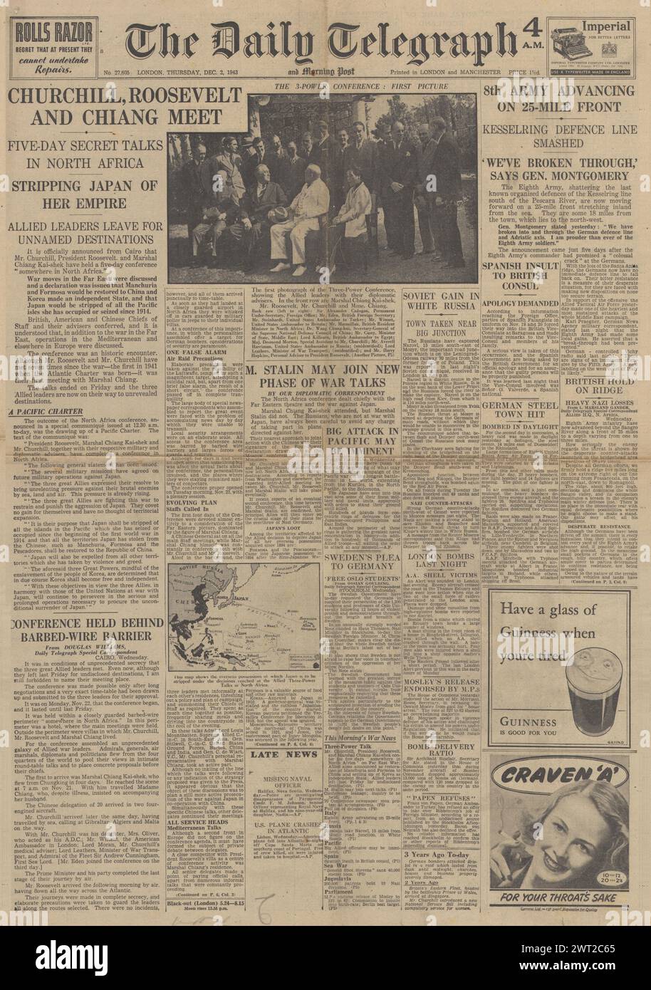 1943 The Daily Telegraph front page reporting Cairo Conference, Allies ...
