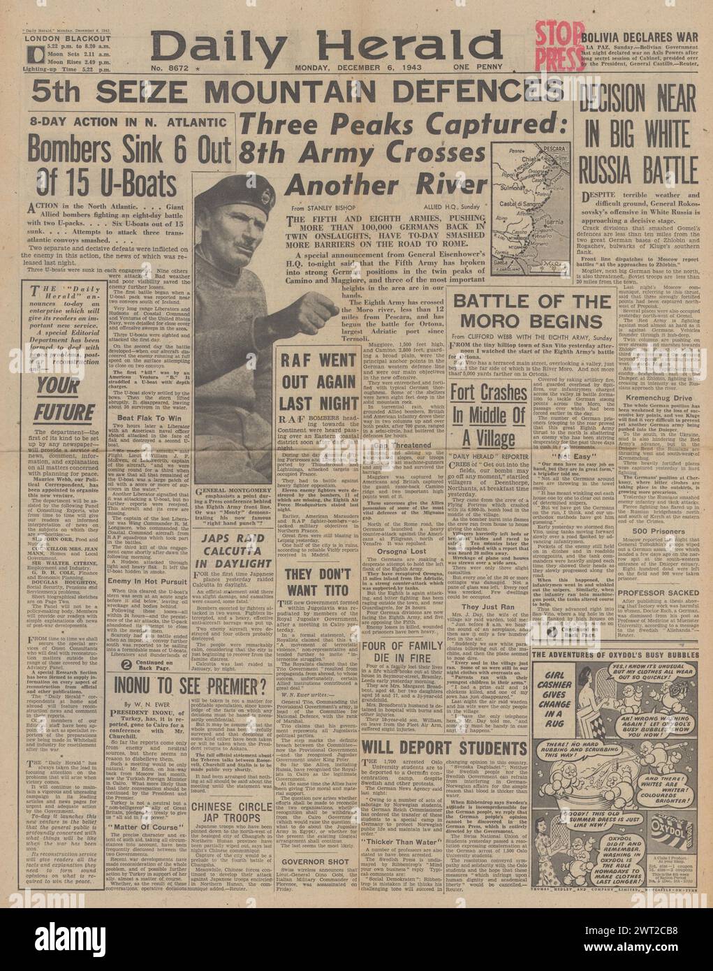 1943 Daily Herald front page reporting RAF bomb Leipzig, Allies capture ...