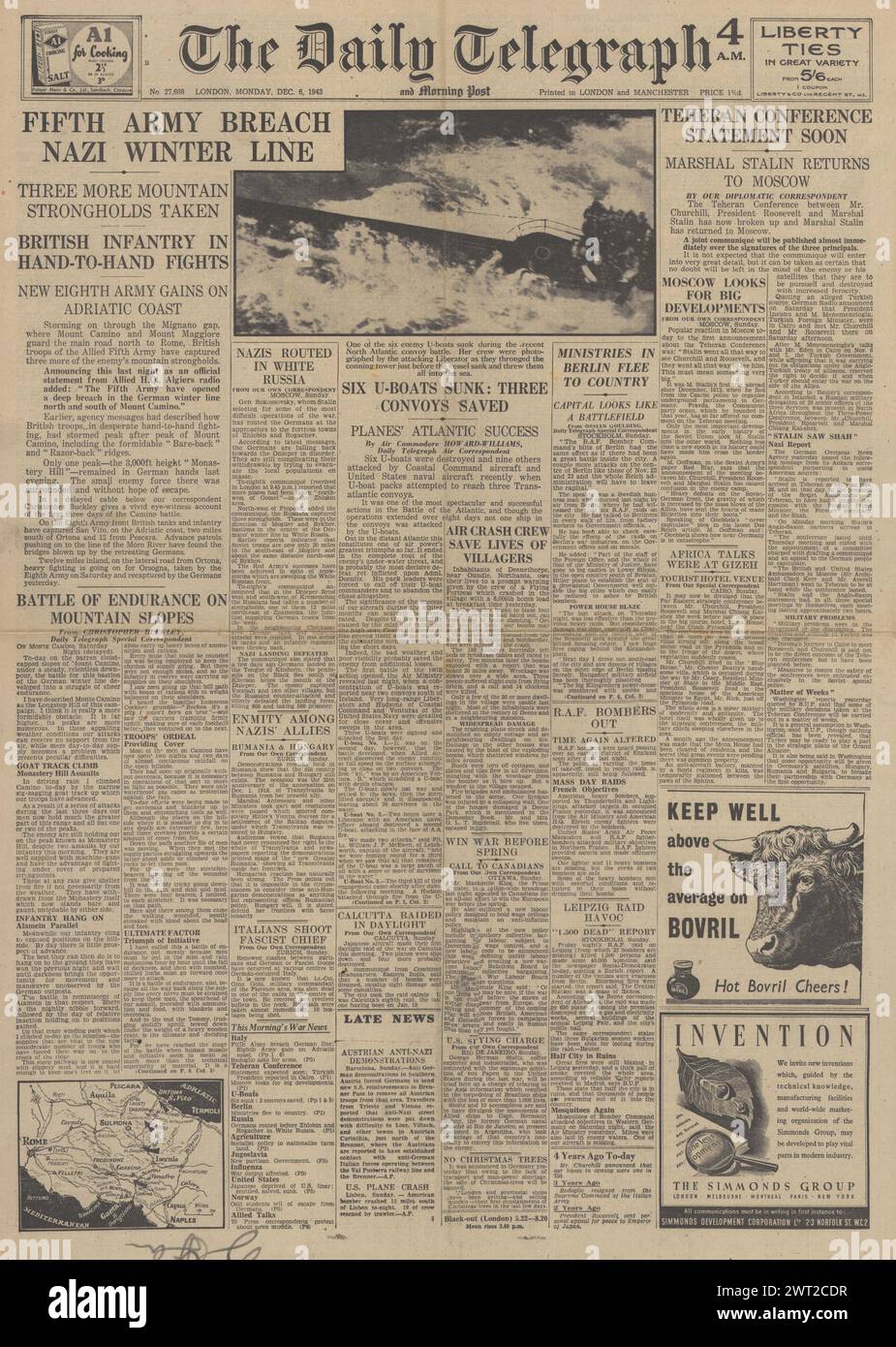1943 The Daily Telegraph front page reporting Tehran Conference, Allies ...
