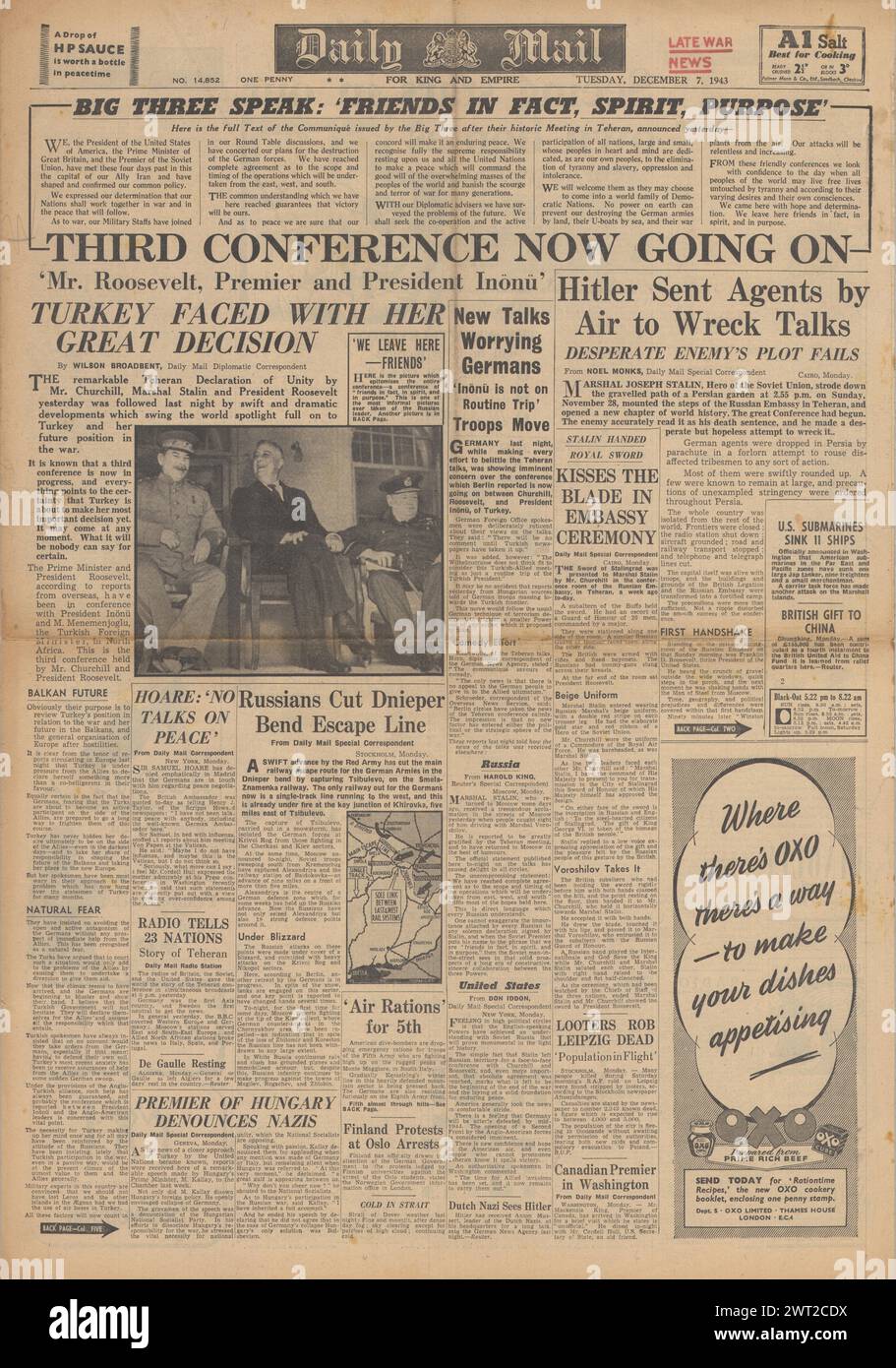 1943 Daily Mail front page reporting Tehran Conference and Allied talks ...